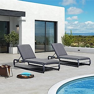 PURPLE LEAF Chaise Lounge Chair Recliner Outdoor for Patio Poolside w/Slide-Out Side Table with Cushion Adjustable Backrest 2 Pieces Dark Grey