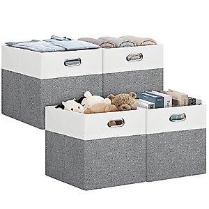 Bellzacasa Storage Cubes, 13×13×13 Linen Fabric Collapsible Storage Bins for Organization, Foldable Storage Baskets with Handles for Closet, Shelves, Offices, Toys, Set of 4, White&Gray