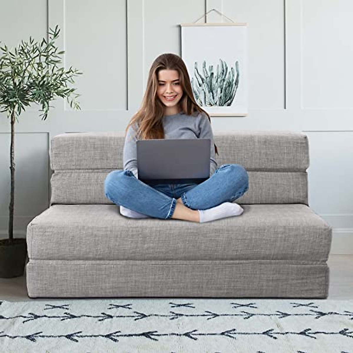 ANONER 60" Folding Sleeper Chair Sofa Bed Lazy Couch with 2 Pillows, Queen Size Memory Foam Washable Cover, Light Gray