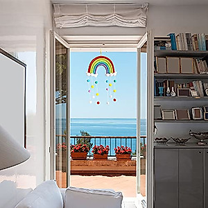 Rainbow Hanging Decoration, Macrame Tapestry Wall Hanging with Felt Ball, Handmade Braided Cords Pom-Pom,Mobile,Children’s Room Bedroom Nursery Decor-Red