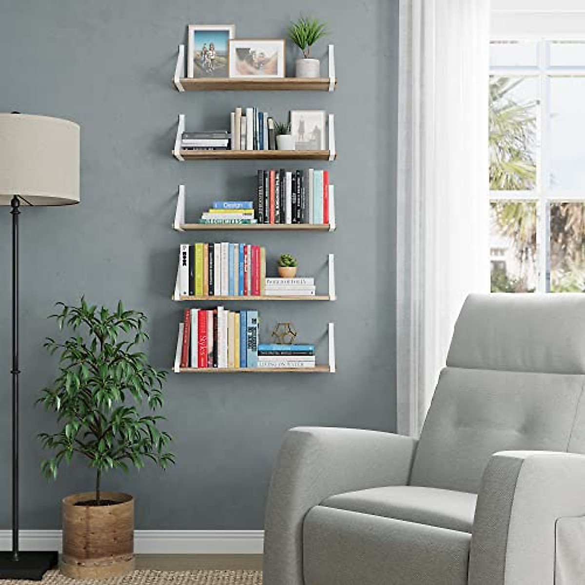 Wallniture Bora 24"x6" Floating Shelves for Wall Decor, Bookshelf Living Room Decor, Wall Shelves for Bedroom Decor, Bathroom Shelves, Kitchen Floating Shelf Burnt Set of 5