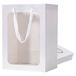 Sdootjewelry Gift Bag with Window, 10pcs White Paper Gift Bag with Transparent Window, 13.8" × 7.1" × 9.8" Flower Bouquet Bags with Handle, Window Gift Bags