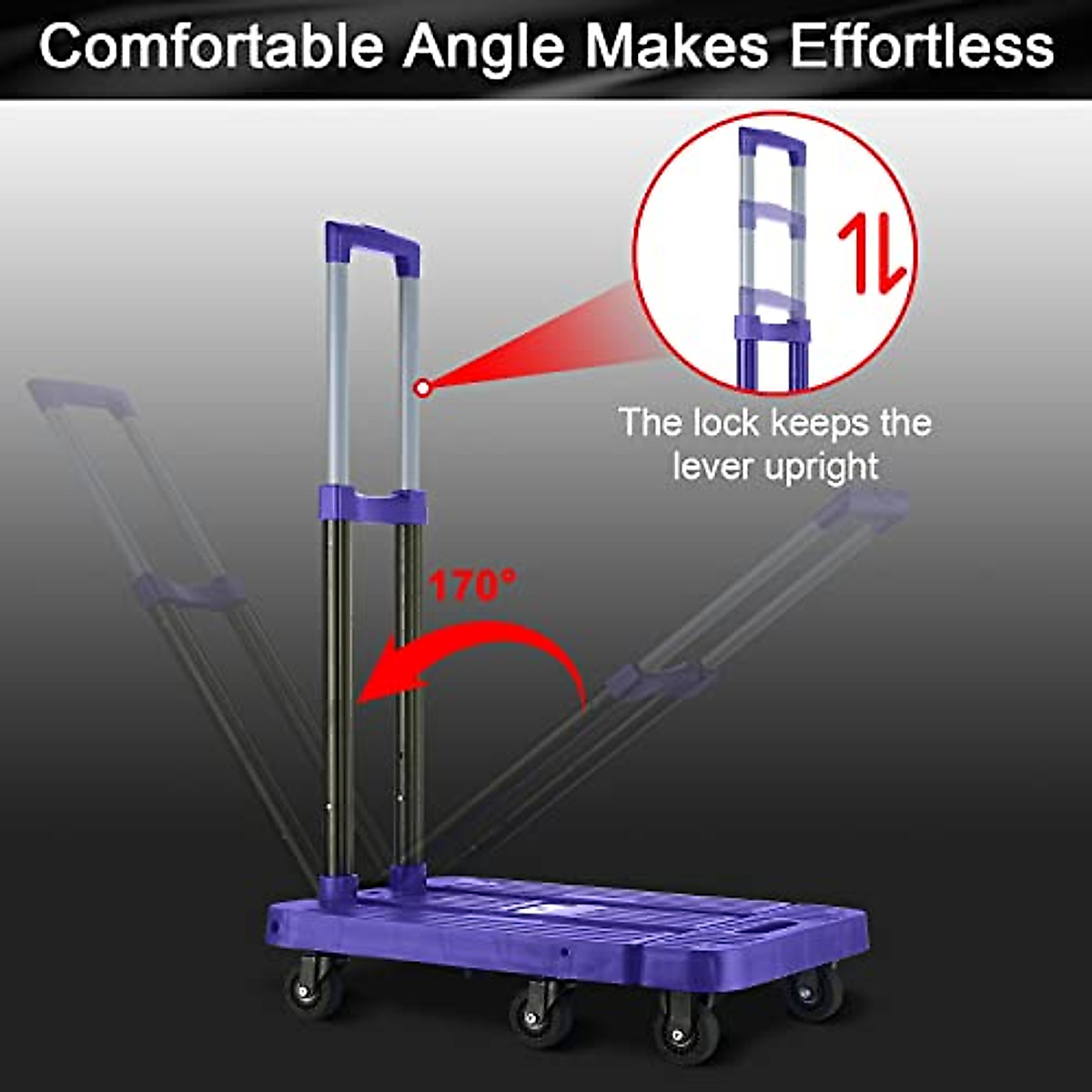 Folding Hand Truck, 500 LB Heavy Duty Luggage Cart, Utility Dolly Platform Cart with 6 Wheels for Luggage Car House Travel Moving Shopping Office Use, Purple