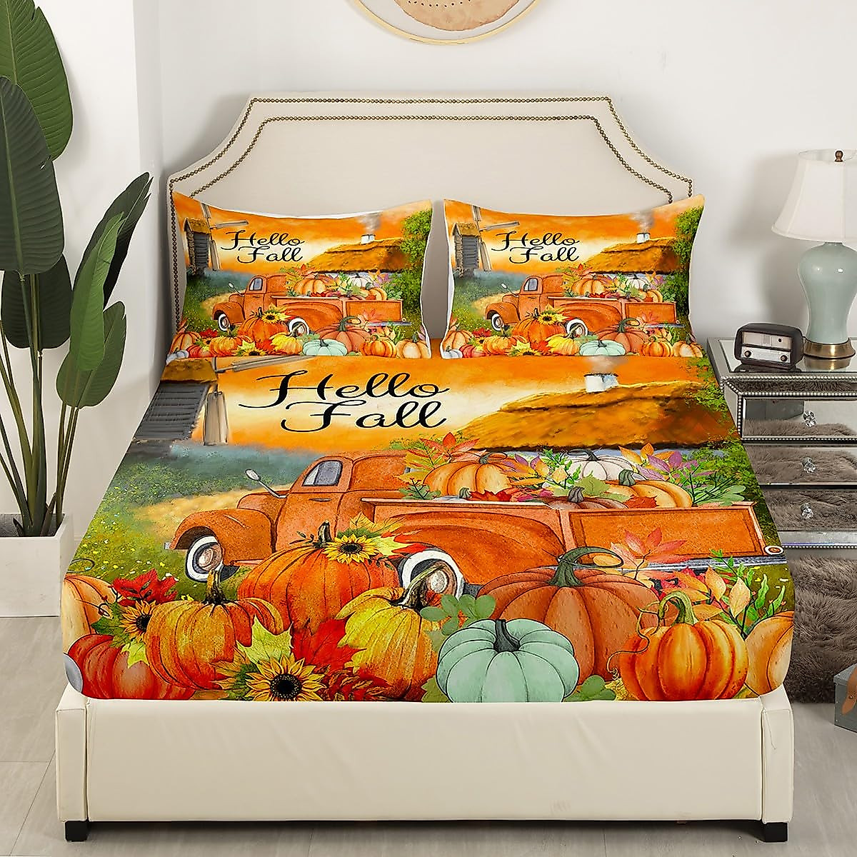 Erosebridal Hello Fall Comforter Set Rustic Farm Maple Leaf Pumpkin Sunflower Sheet Set Full Size Autumn Harvest Fitted Sheet Fall Season Flat Sheet Happy Fall Y'all Sheets Thanksgiving Day Gifts
