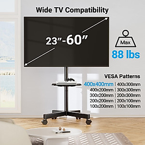 PERLESMITH Mobile TV Stand for 23-60 Inch LCD LED Flat/Curved Panel Screen TVs, Tilt TV Cart Max VESA 400x400 Portable TV Stand with Laptop Shelf Rolling Floor TV Stand Holds up to 88Lbs (PSTVMC06)