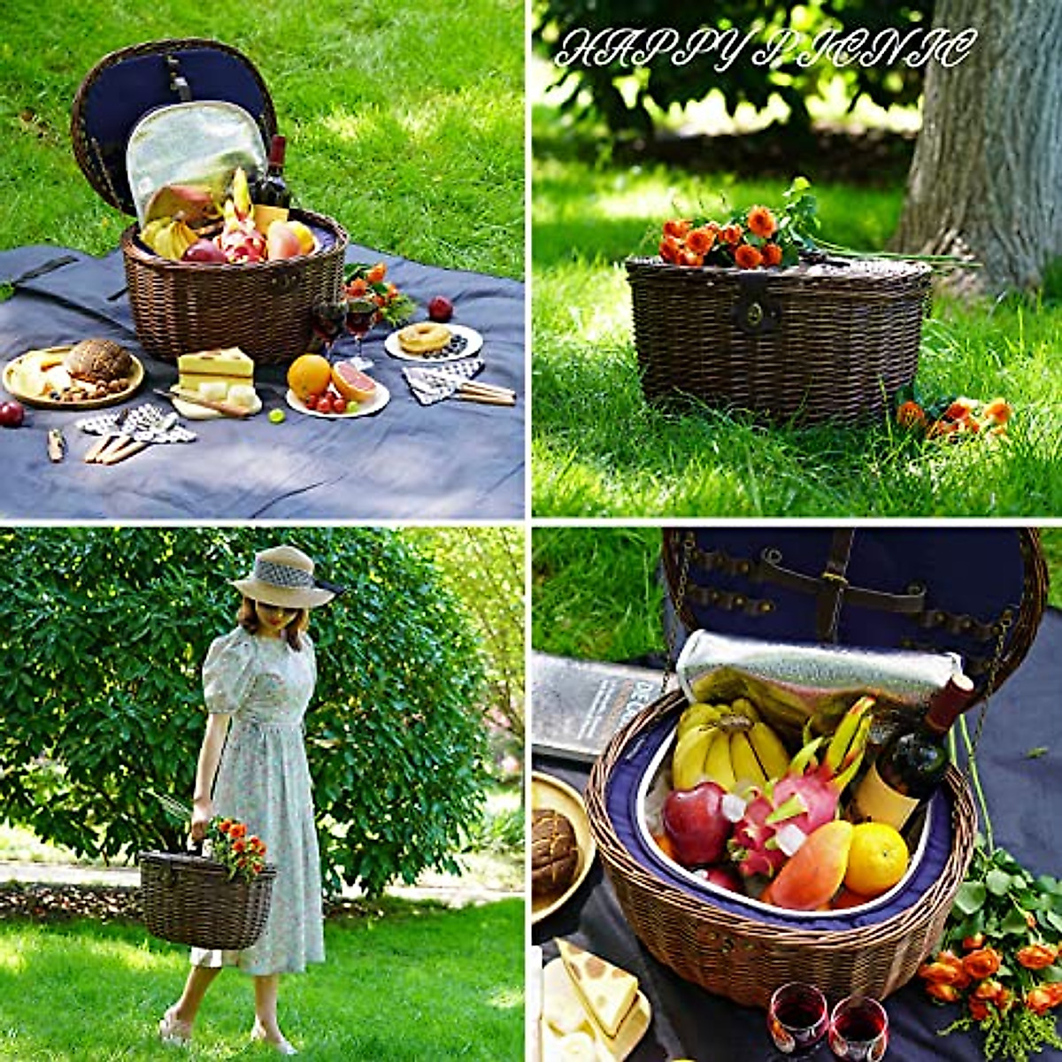 Unique Willow Picnic Basket for 2 Persons, Natural Wicker Picnic Hamper with Service Set and Insulated Cooler Bag - Best Gifts for Father Mother
