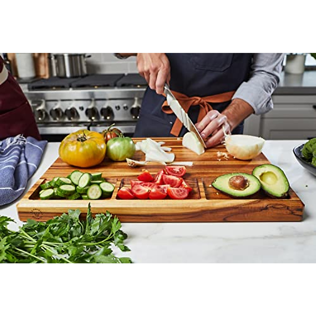 Sonder Los Angeles, XL Thick Teak Wood Cutting Board for Kitchen with Juice Groove, Sorting Compartments, Charcuterie Cheese Board 20x15x1.5 in (Gift Box Included)