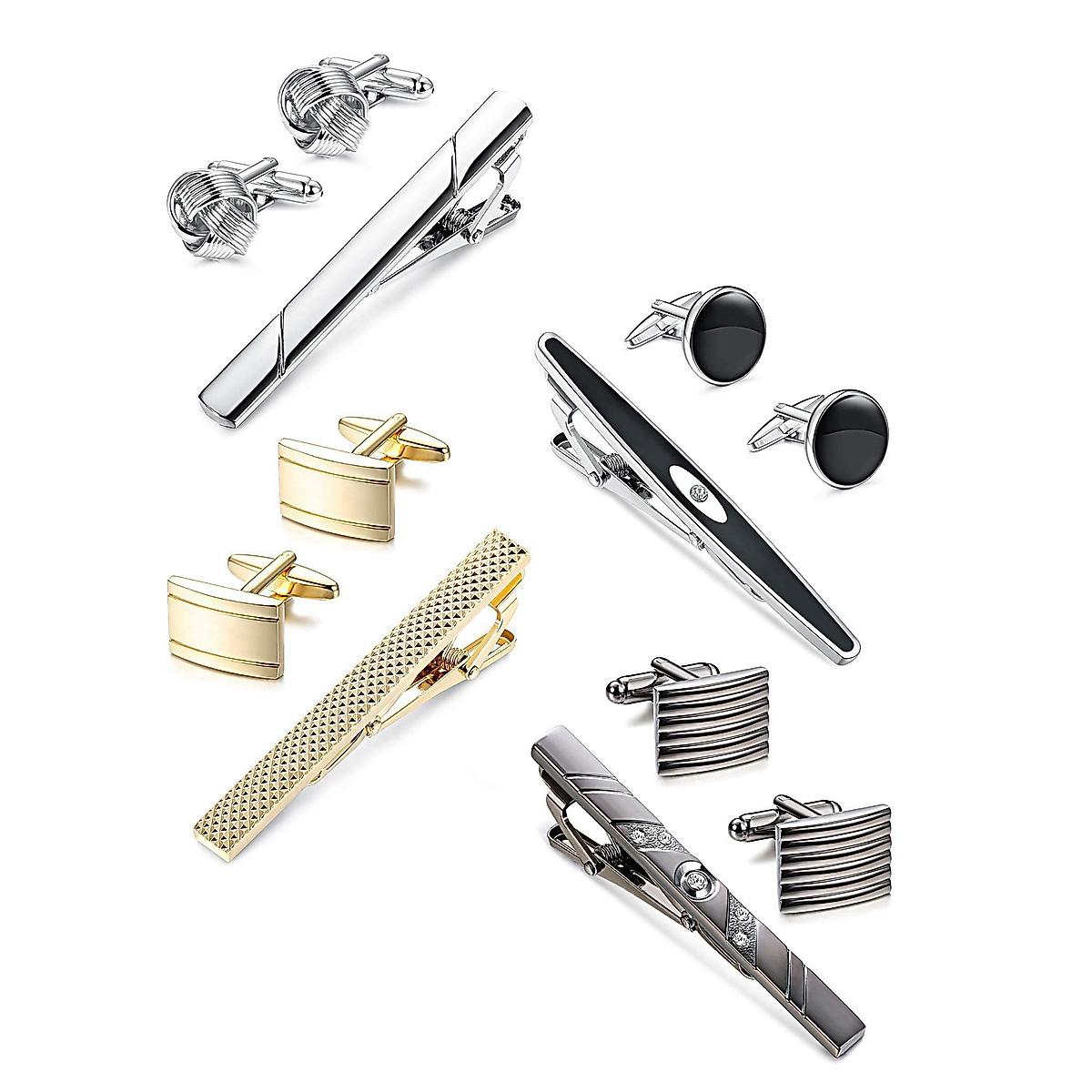 YADOCA Men's Cufflinks and Tie Clips Set Necktie Tie Bar Clips Business Shirts Wedding Tuxedo Cufflinks with Box Silver-Tone Gold-Tone Black