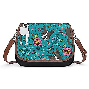Satchel Bag For Women Boston Terrier And Beautiful Flowers Waterproof Leather Crossbody Handbag Messenger Bag For Ladies