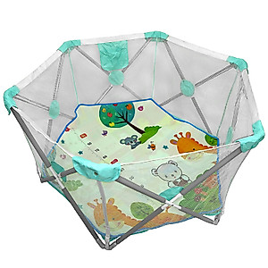 HTTMT- Hexagon Safety Playpen Portable Foldable Mesh Playard Infants Baby Toodler Animals Fence w/Travel Bag Nursery Furniture for Indoor Outdoor - Tif Blue