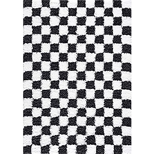 Hauteloom Atira Checkered Shag Area Rug - Checkboard Design - High Pile Fluffy Shaggy Touch - Square Tiles - Kids Room, Nursery, Living Room Shaggy Carpet - Black, White - 5'3" x 7'3"