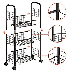 3-Tier FreeStanding Open Shelf with Wheels, Storage Rolling Cart Bathroom Organizer Shelves Unit, Metal Steel Storage Tower Organizer Rack Basket Cart for Bathroom, Living Room, Balcony, Kitchen