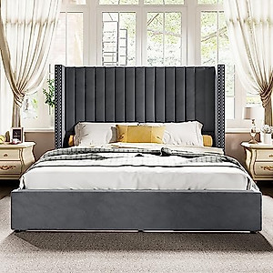 Jocisland Lift up Storage Bed Frame Queen Size, Upholstered Platform Bed Velvet with Channel Tufted Wingback Headboard, No Box Spring Needed, Gray