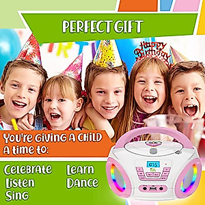 TinyGeeks Tunes Kids Boombox CD Player for Kids New 2023 + FM Radio + Batteries Included + Cute Pink Radio cd Player with Speakers for Kids and Toddlers
