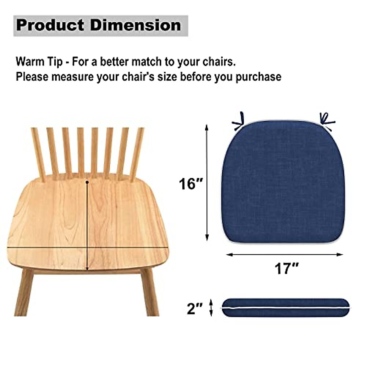 DYTXIII Outdoor Chair Cushion with Ties Set of 2, Round Corner Waterproof Patio Seat Cushion 17"x 16" for Outdoor Furniture, Textured Navy