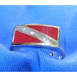 Dive Flag Ring - Tarnish-Free Rhodium-Plated Bronze, with Inlay of Simulated Red Coral and Mother-of-Pearl Chips (12)