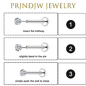 Prjndjw 18G 20G Push in Threadless Nose Rings Stud Earrings Hypoallergenic Flat Back Surgical Stainless Steel Cubic Zircon Helix/Cartilage/Tragus/Lobe Earrings Lip Labret Snake Bite Jewelry