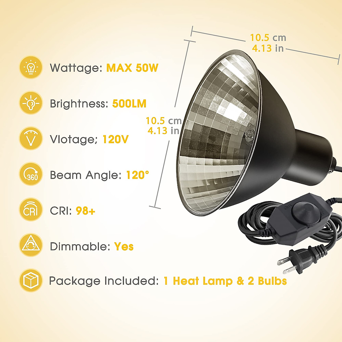 Reptile Heat Lamp, Briignite UVA Basking Light for Reptiles 50W, G9 Halogen Heat Bulb & Dome Reptile Light Fixture, Aluminum Reflector, Dimmable Heat Lamp for Chicken Turtle Snake Gecko Lizard, 1 Pack