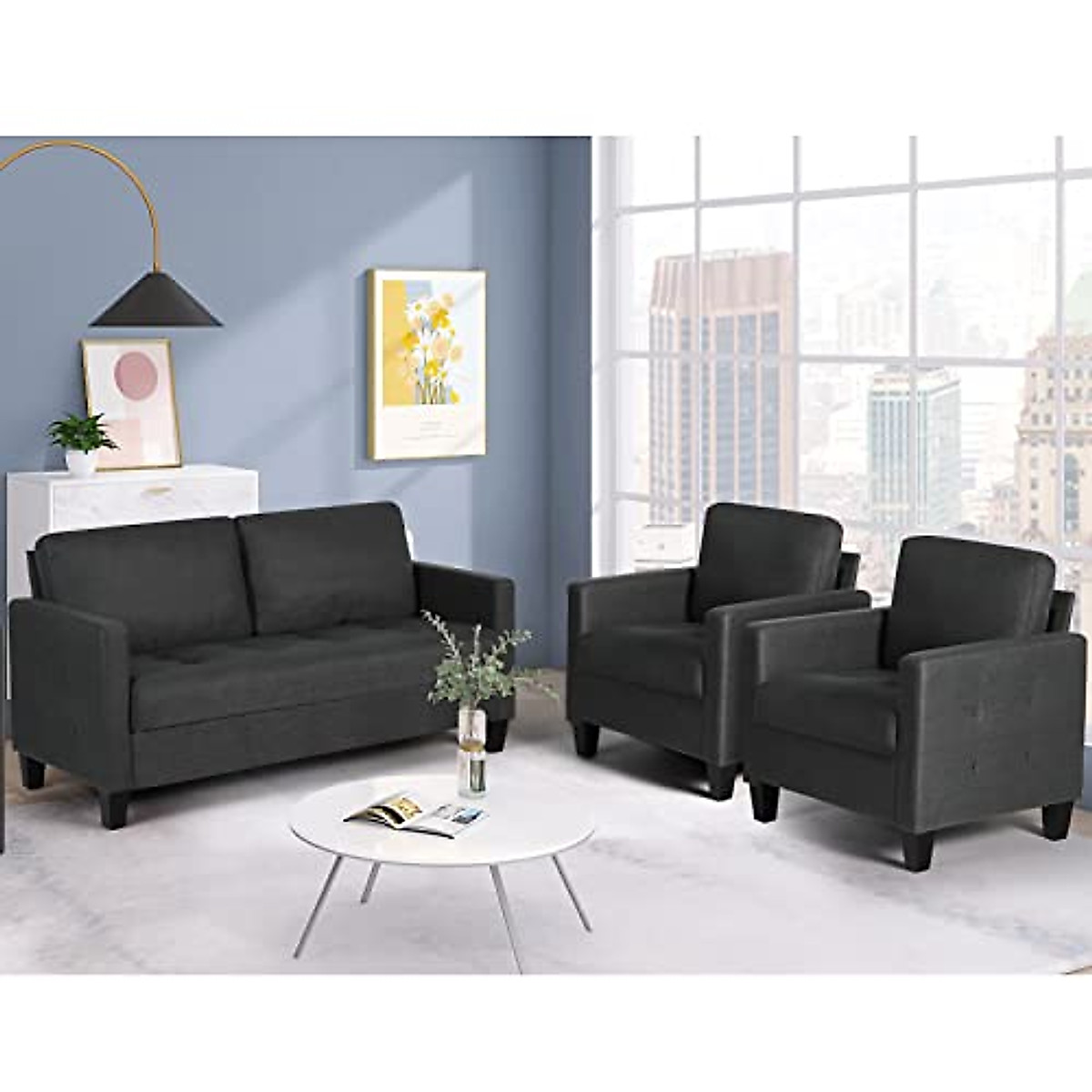 GRACFORCE Modern Living Room Furniture Sets 3 Piece, Mid Century Loveseat Sofa Sets Accent Arm Chair for Living Room w/ 2 USB, 2-Seater Small Couches for Small Spaces, Bedroom, Apartment, Dark Gray