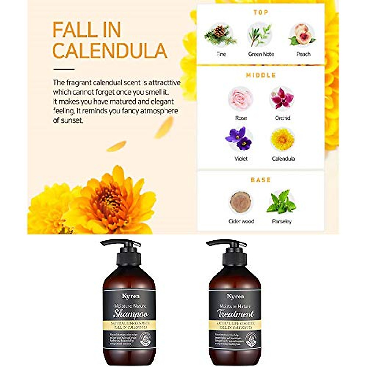 KYREN Moisturizing Natural Shampoo and Treatment Set Fall in Calendula 98% All-Natural Deep Cleansing Ingredients Soothing Treatment for Dry, Damaged, Color Treated Curly Hair (1000mL / 35.27oz)