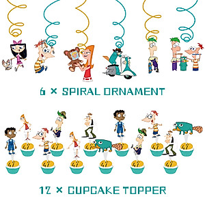 Birthday Party Decoration for Phineas Ferb, Include Cartoon Theme Birthday Banner, Cake Topper, Latex Balloons, Hanging Swirls, for Kids Birthday Party Supplies