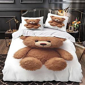 Teddy Bear Toy 3pcs 3D Bedding Set Furry Doll Duvet Cover Set Bed Printed Quilt Cover Bed Linens with 2 Pillowcases with Zipper All Season Queen（228x228cm）