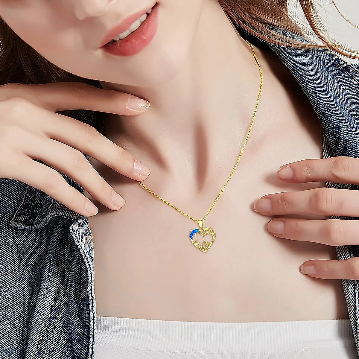 YDD 14K Solid Gold Mermaid Necklace for Women Dolphin Opal Necklace Heart Pendant Necklace Ocean Necklace 16''-18''