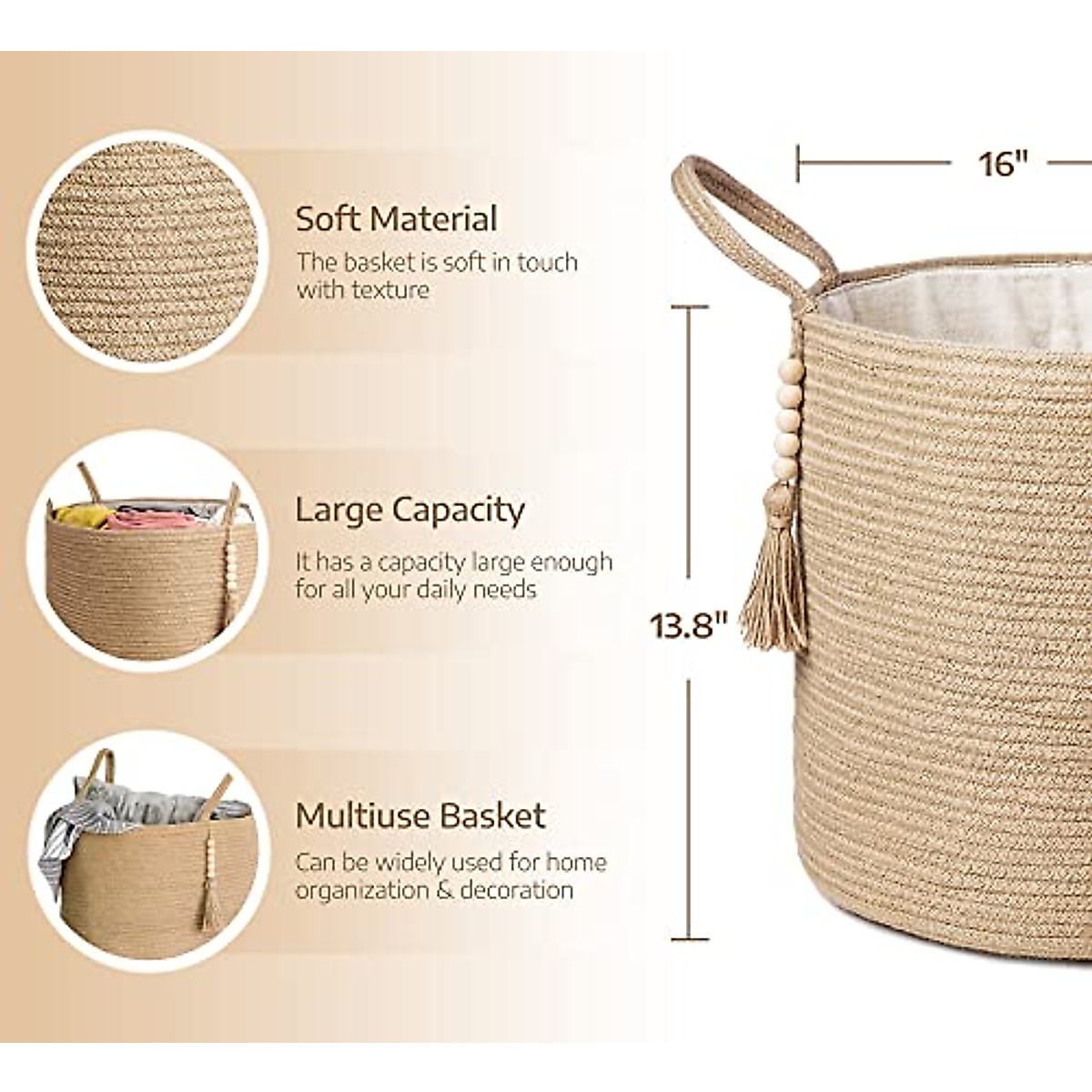 Mkono Woven Storage Basket Decorative Rope Basket Wooden Bead Decoration for Blankets,Toys,Clothes,Shoes,Plant Organizer Bin with Handles Living Room Home Decor, Jute, 16" W × 13.8"L