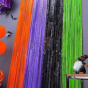 Mega-L Halloween Party Decorations, 2 Packs Orange Purple Black Green Photo Booth Props, 3.3 x 6.6 ft Halloween Foil Fringe Curtains with Bats, Photo Backdrop Streamers Halloween Party Supplies
