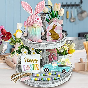 Easter Decorations, 5Pcs Easter Gnome Tiered Tray Decor, 3 Glitter Easter Wood Signs, Truck Full of Eggs, Easter Bunny Gnome Plush, Spring Easter Bead Garland,Rustic Farmhouse Spring Easter Decor