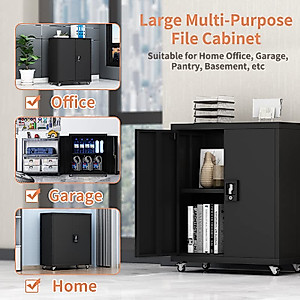 LUCYPAL Metal Storage Cabinets with Wheels,Lockable Steel Storage Cabinet with Doors and Shelves,Office Cabinet for Home,Office,Garage,Classroom,Black