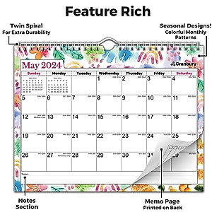 CRANBURY Small Wall Calendar 2024 (8.5x11", Seasons) 2024 Wall Calendar, Desk Calendar or Hanging Monthly Calendar 2024, Colorful Seasonal Designs, Includes Stickers
