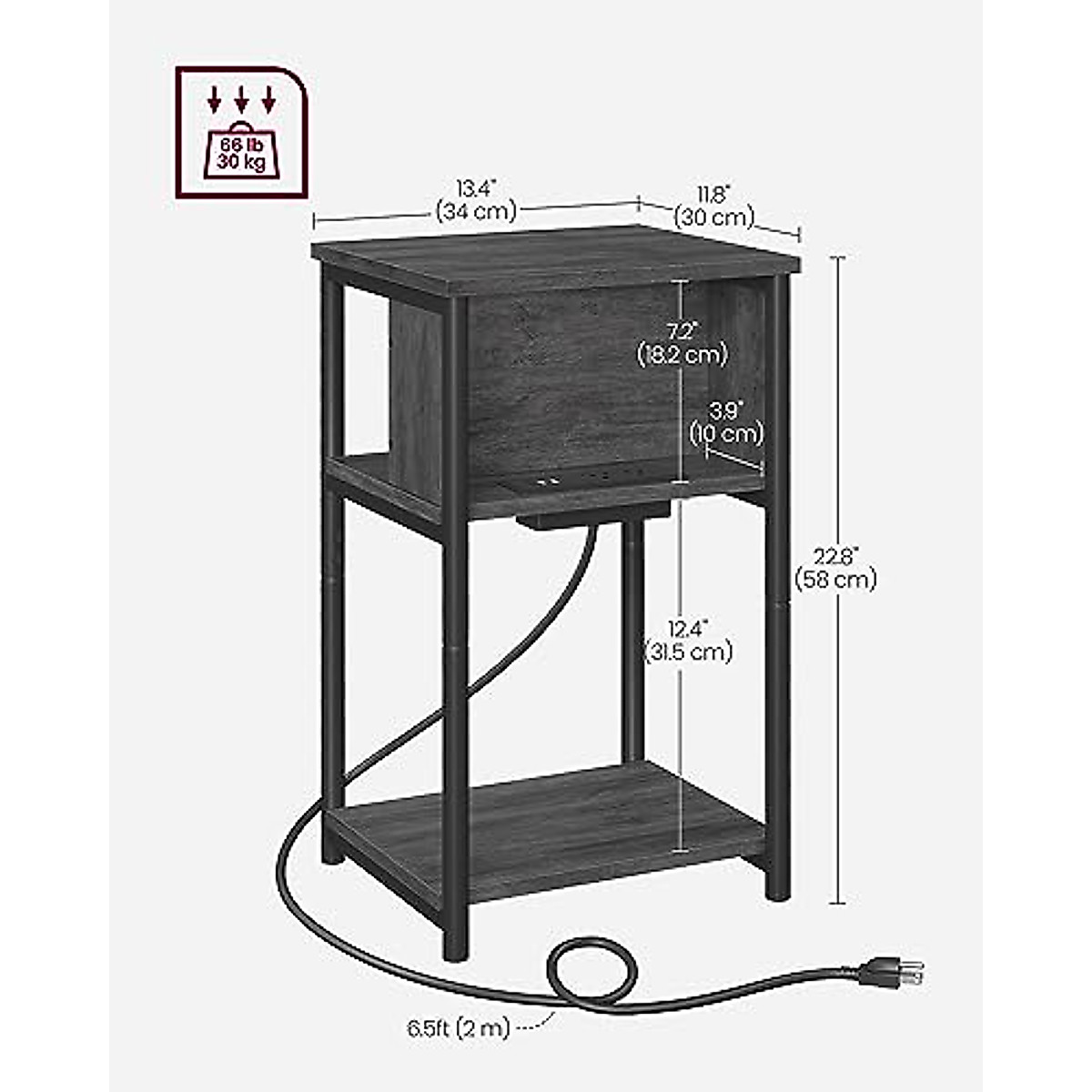 VASAGLE Side Table with Charging Station, 3-Tier End Table with USB Ports and Outlets, Nightstand for Living Room, Bedroom, 11.8 x 13.4 x 22.8 Inches, Plug-in Series, Misty Gray and Black ULET373B68