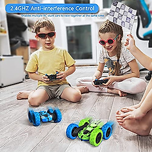 Hamdol Remote Control Car for 6-12 Year Old Double Sided 360°Rotating 4WD RC Cars with Headlights 2.4GHz Electric Rechargeable Race Stunt Toy Car for Boys Girls Birthday (Blue&Green)