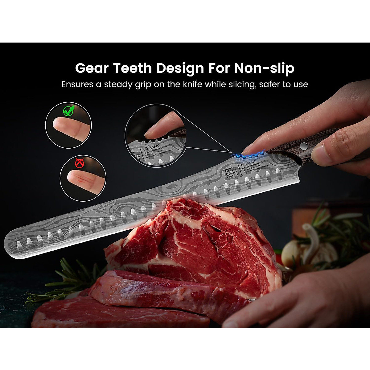 SYOKAMI Multifunction Carving Knife, 12 Inch High-Carbon Japanese Style Brisket Knife with Wood Handle, Damascus Pattern Full Tang Design, Razor Sharp Slicing Knife for Meat Cutting with Gift Box