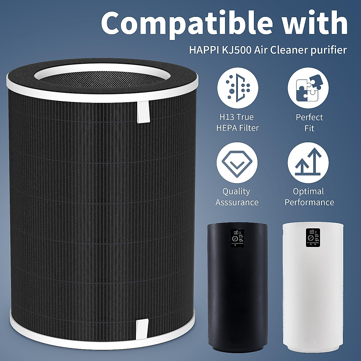 XBWW KJ500 True HEPA Replacement Filter Compatible with Our Happi KJ500 Air Purifi-er, 4-in-1 Filter of H13 True HEPA, Activated Carbon, Fine Mesh Pre-Filter and Net Filter