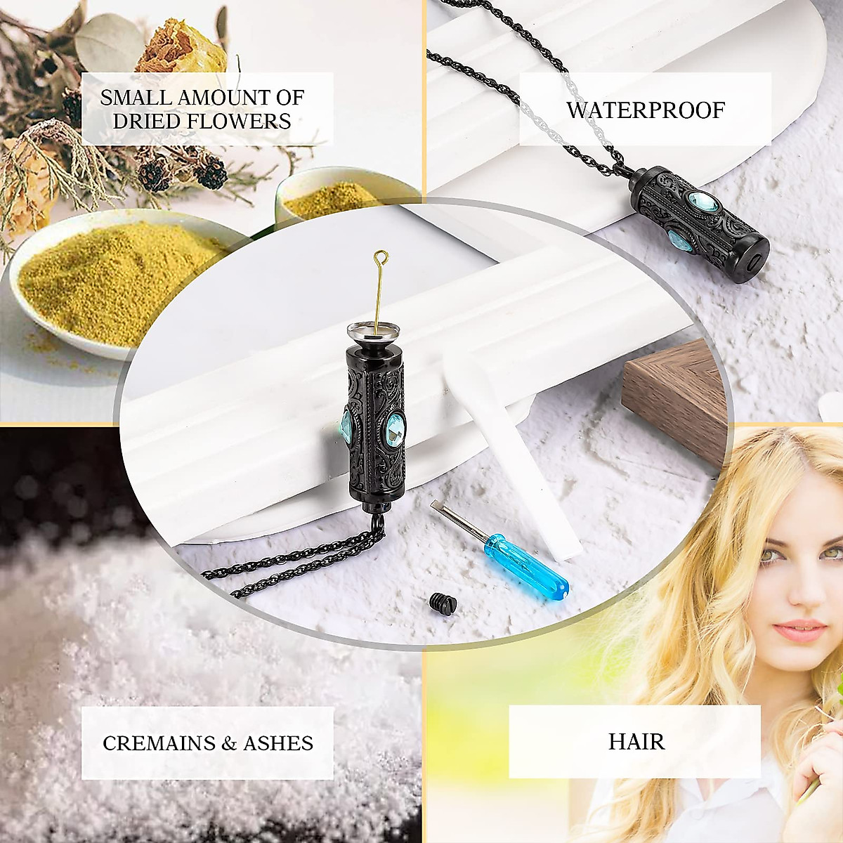 XIUDA Crystal Cremation Urn Necklace for Ashes Keepsake Cremation Jewelry for Human Ashes Stainless Steel Memorial Pendant with Flower