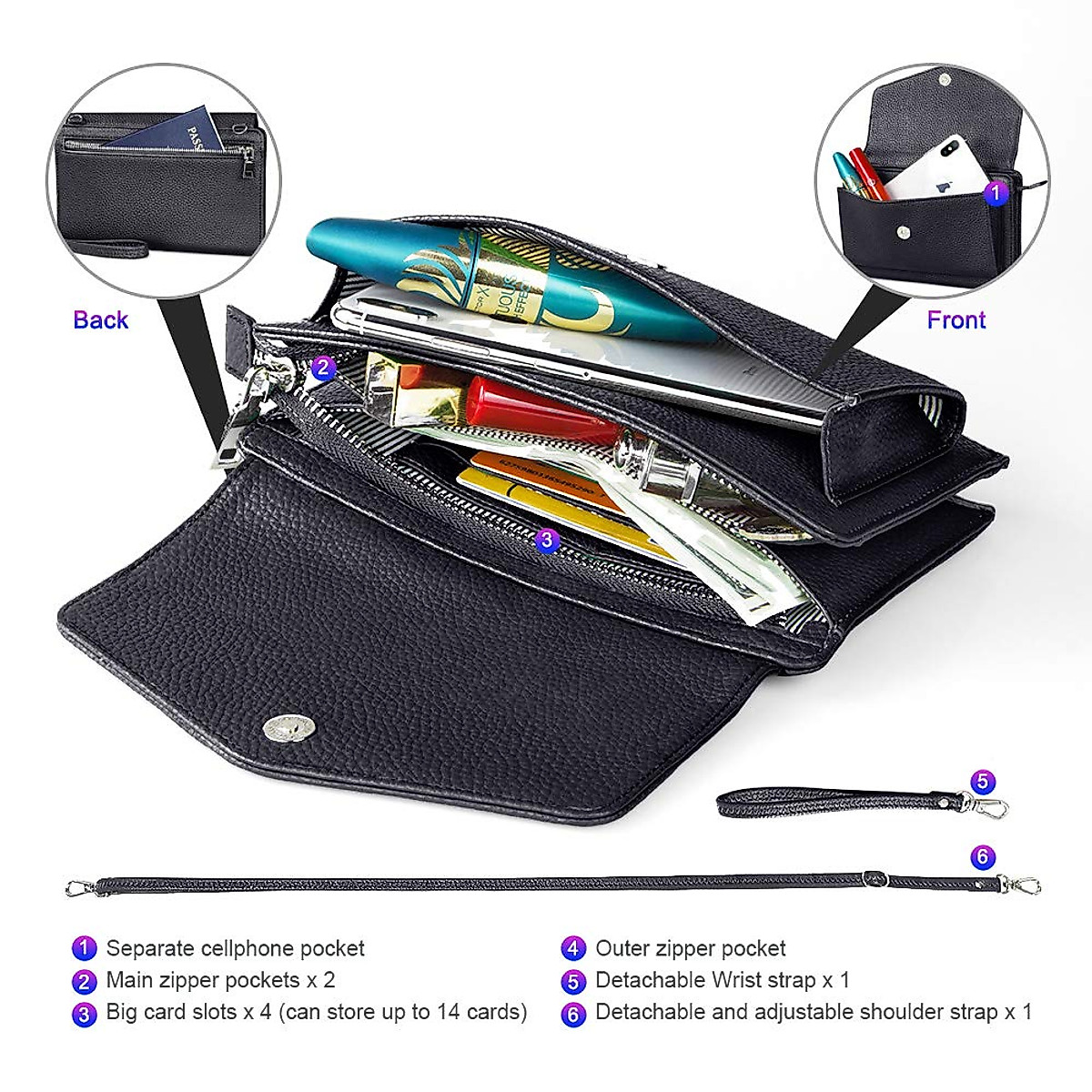 nuoku Wristlet Clutch Wallet Purse Small Crossbody Bags for Women With Cell phone Holder RFID 2 Straps(Black)