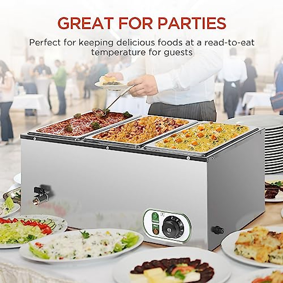 Cavlhils 3-Pan Commercial Bain Marie Buffet Steam Table Stainless Steel Food Warmer, 3x7QT 6" Deep 1500W Electric Countertop Warmers with 86-185°F Temp Control for Parties, Catering, Restaurant