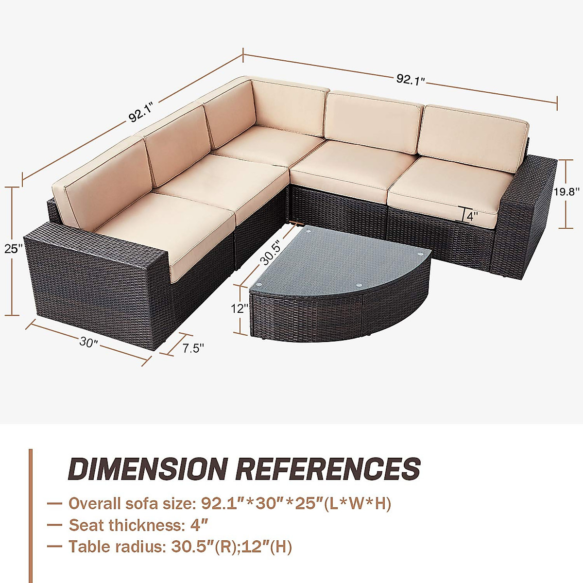 Patiomore 6 Pieces Outdoor Patio Furniture Sets, All-Weather Wicker Rattan Chair Conversation Sectional Sofa with Tempered Glass Table, Brown