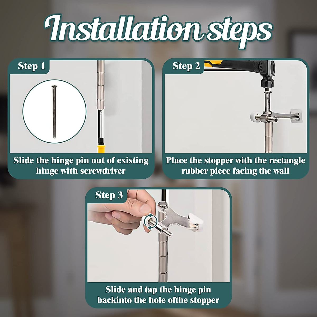 PHITUODA 8pcs Black Hinge Pin Door Stoppers, Adjustable Heavy Duty Door Stoppers Hinge Pin Doorstops with Rubber Bumper Tips