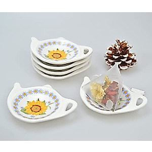 Bicuzat Floral Tea Bag Holder Tea Porcelain Accessories Teapot Shaped Tea Bag Coaster Resting Caddy Saucer 4 Inch/10cm-Sunflower and Daisy Pattern-Set of 10