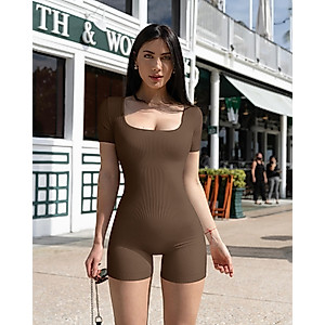 OQQ Women's Yoga Workout Ribbed Short Sleeve Sport Romper, Coffee, Small