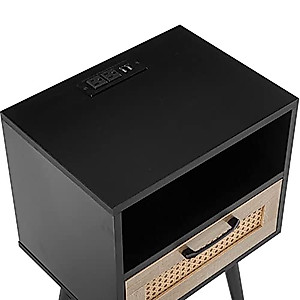 Plawden Rattan End Table with Power Outlet & USB Ports Set of 2, 15.75" Small Nightstand Drawer and Solid Wood Legs, Side Table for Living Room, Bedroom, Black