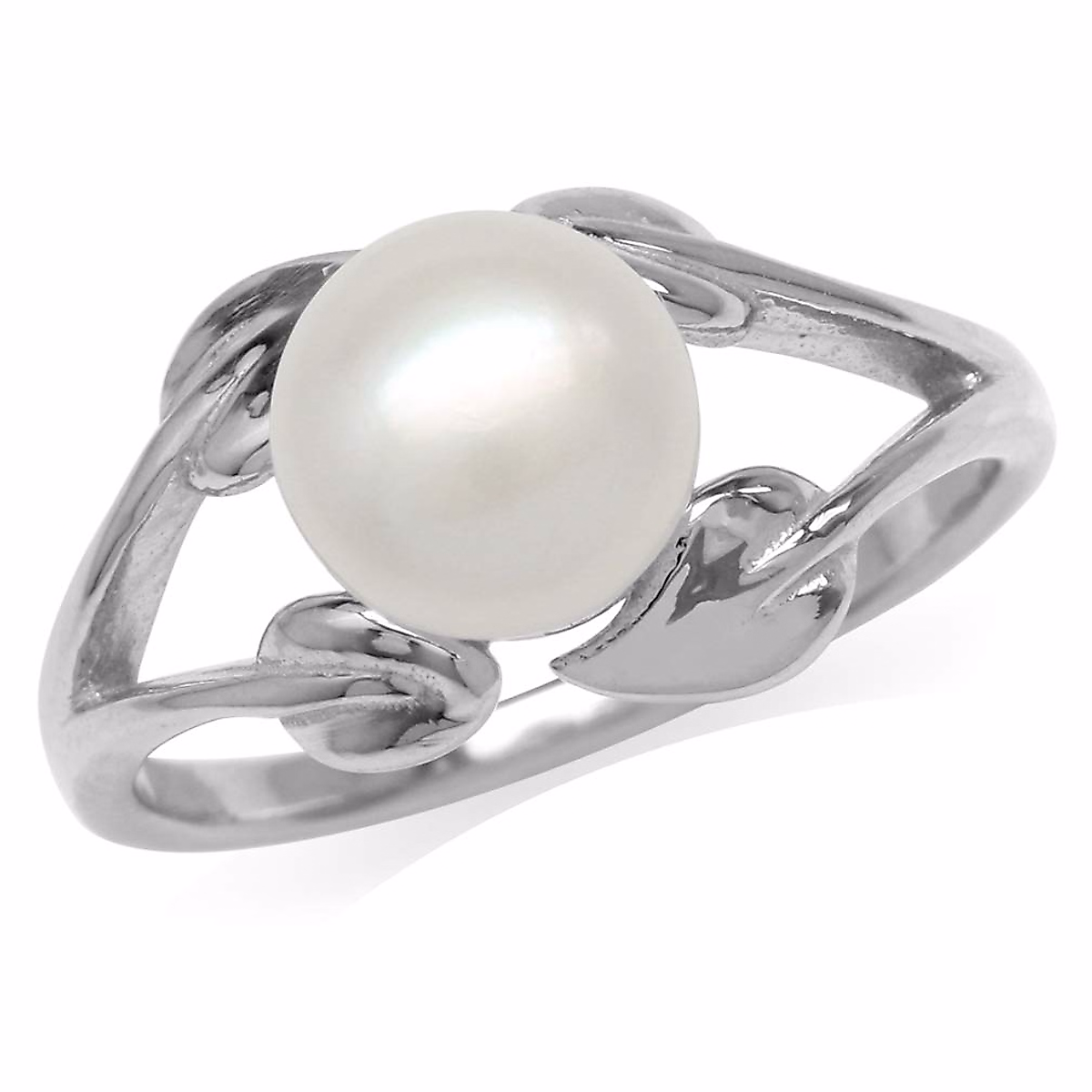 Silvershake 8mm Cultured Freshwater Pearl White Gold Plated 925 Sterling Silver Leaf Ring Size 8
