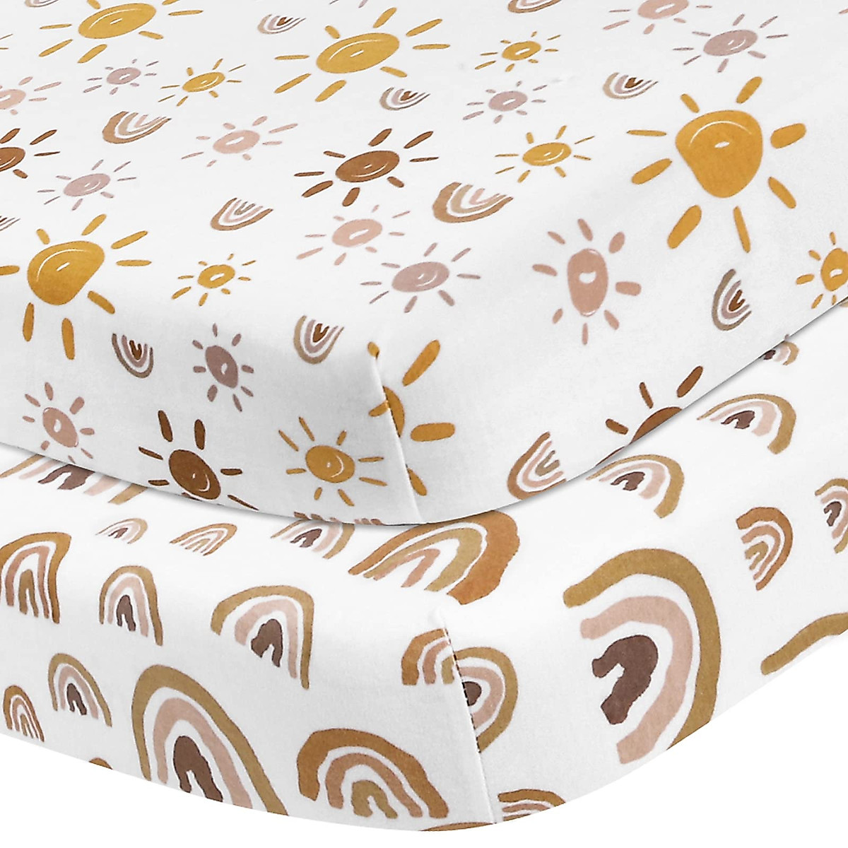 Babebay Pack N Play Sheets Fitted for Pack and Play Mattress and Mini Cribs, Jersey Knit Cotton for Natural Comfort Fitted for Baby Boys and Girls, Soft and Safe, 2 Pack (Rainbow and Sun)