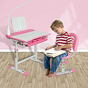 Diroan Kids Functional Desk and Chair Set, Ergonomic Height Adjustable Children School Study Desk with Tilt Desktop, Book Stand, LED Light, Metal Hook and Storage Drawer for Boys Girls(Pink)