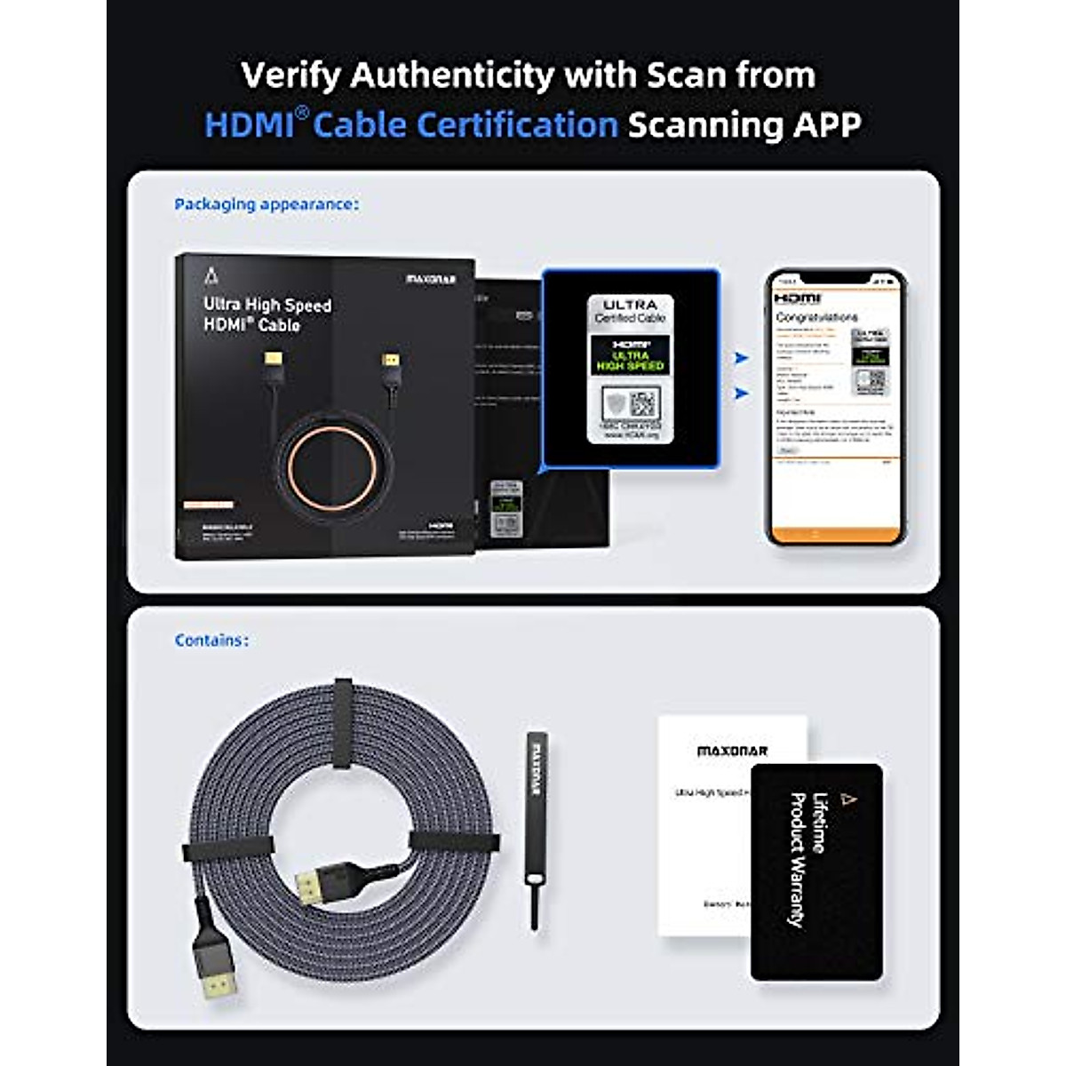 Maxonar 8K HDMI Cables 10FT, [Certified] Ultra High Speed HDMI 2.1 Cable, 8K60Hz 4K120Hz 144Hz, 48Gbps HDCP 2.2&2.3 eARC Dynamic HDR Dolby for PS5, Xbox Series X, Apple TV 4K, Roku/Samsung/Sony TV