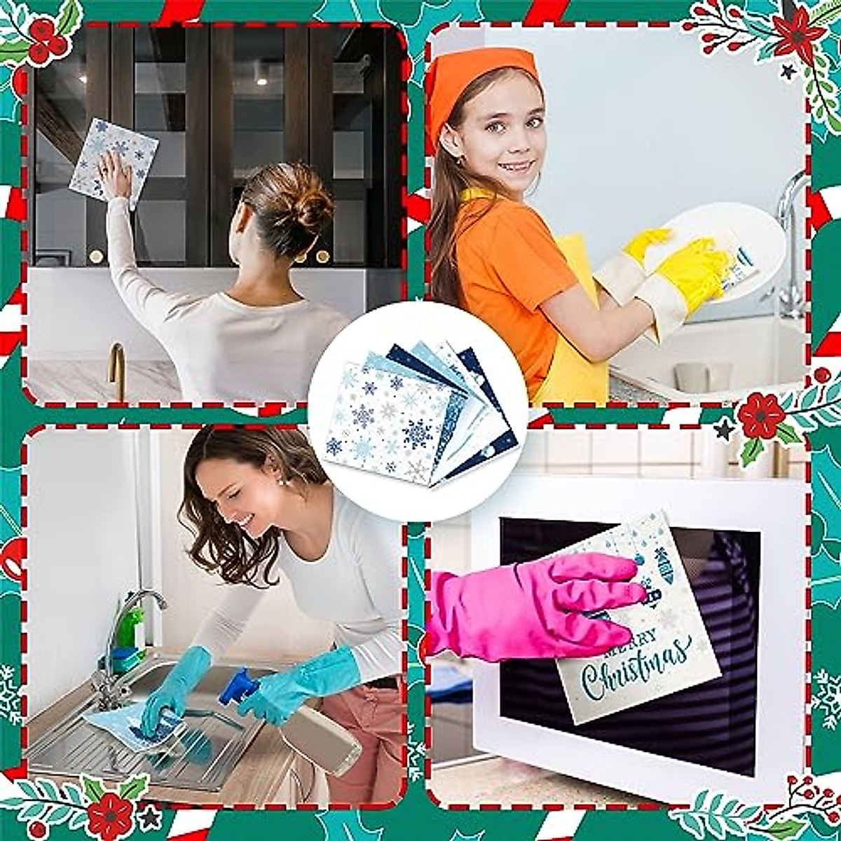 6 Pcs Christmas Swedish Kitchen Dishcloths White Blue Xmas Tree Snowflake Snowman Reindeer Dish Towel Reusable Fast Dry Kitchen Dishcloth for Christmas Winter Baking Cooking, 6.9 x 7.5 Inch