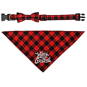 Christmas Dog Bandana and Collar Set Plaid with Bow Tie Dog Scarf Triangle Bibs Kerchief Adjustable Costume Accessories for Cats Dogs Pets